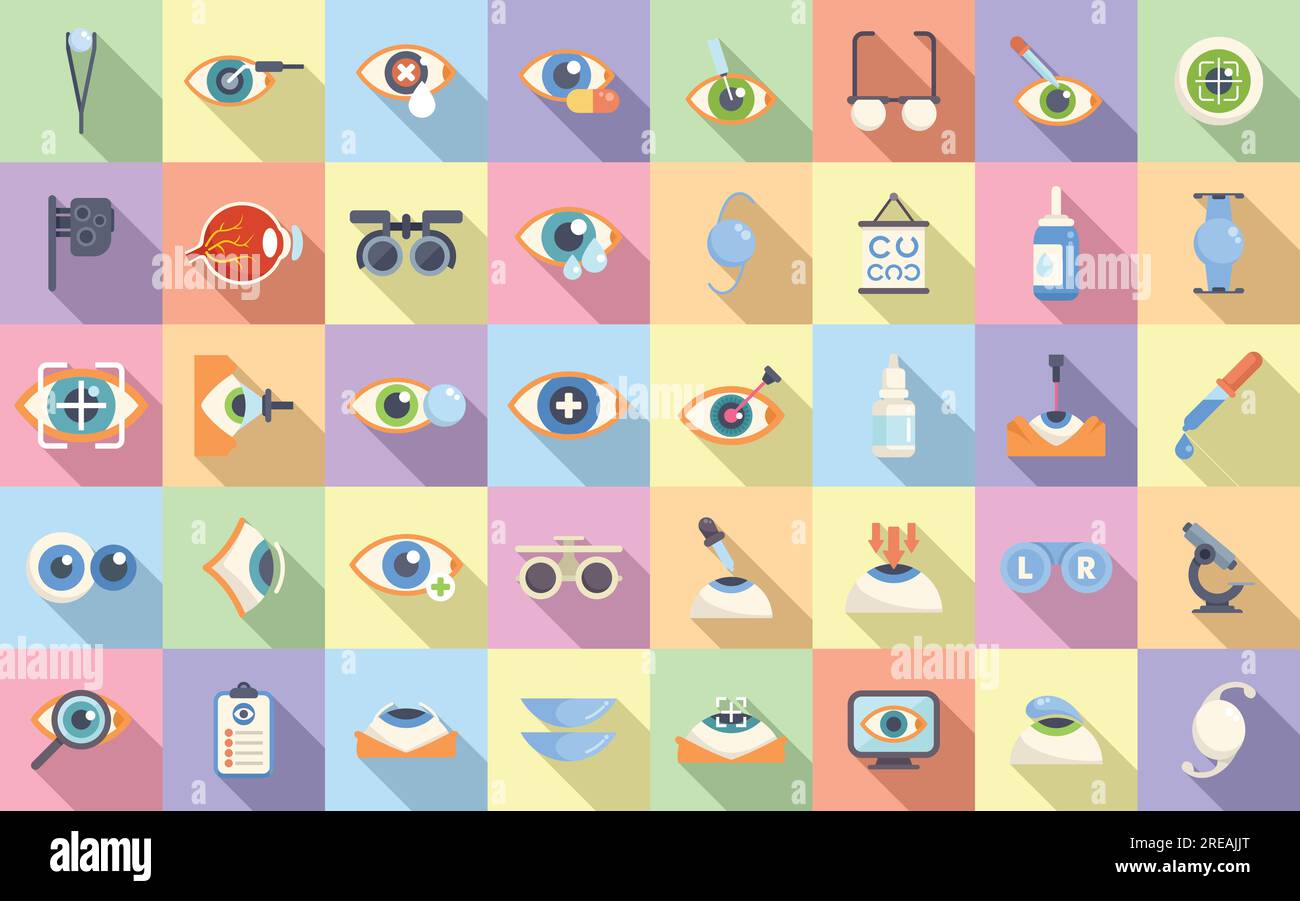 Laser vision correction icons set flat vector. Beam surgery. Cataract ...