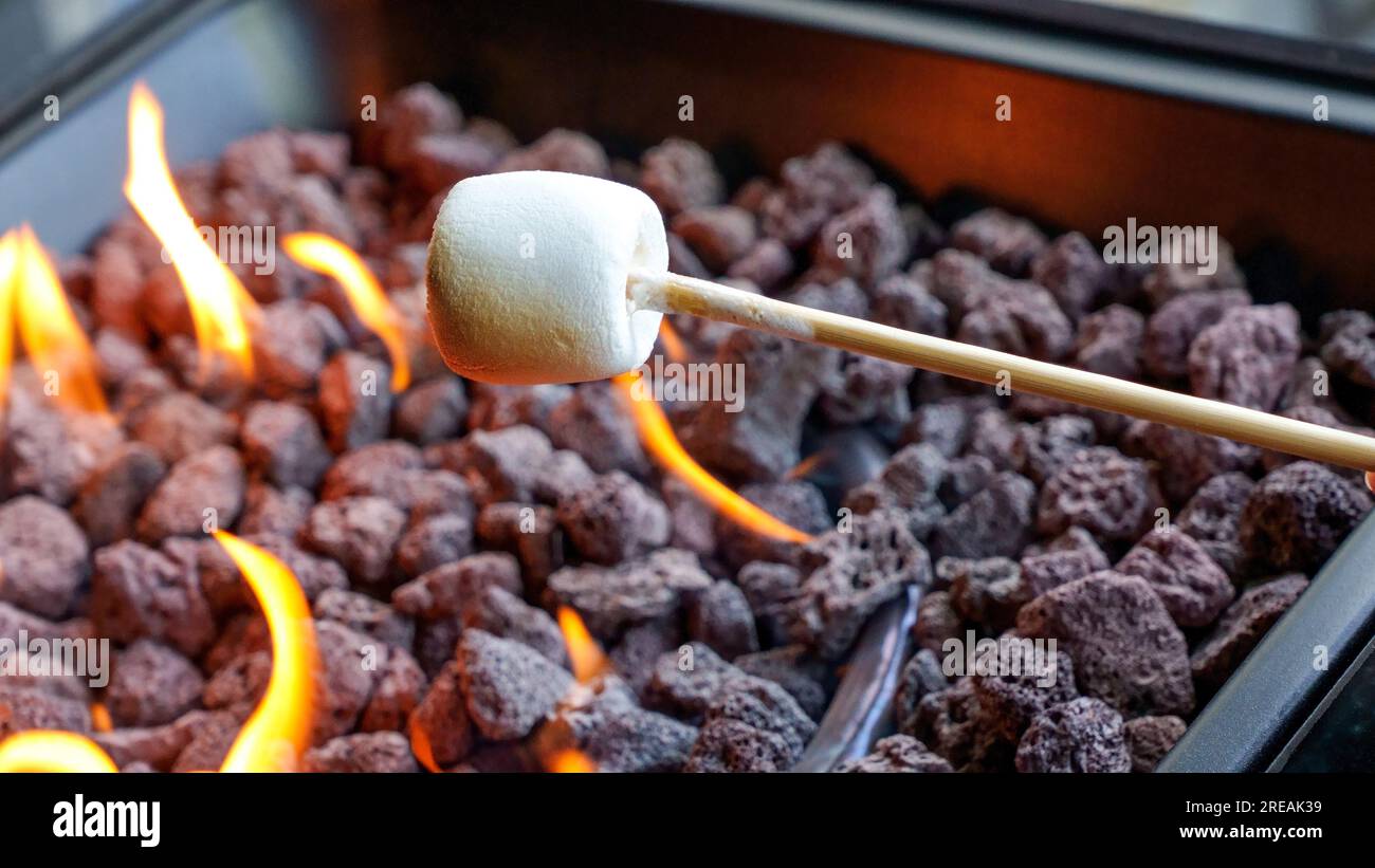 Delicious and sweet marshmallows on stick over the firepit. Summer ...