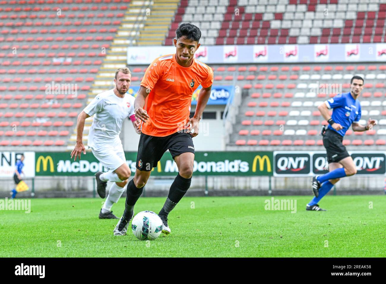 Mouscron, Belgium. 26th July, 2023. Marselino Ferdinan (27) of KMSK ...