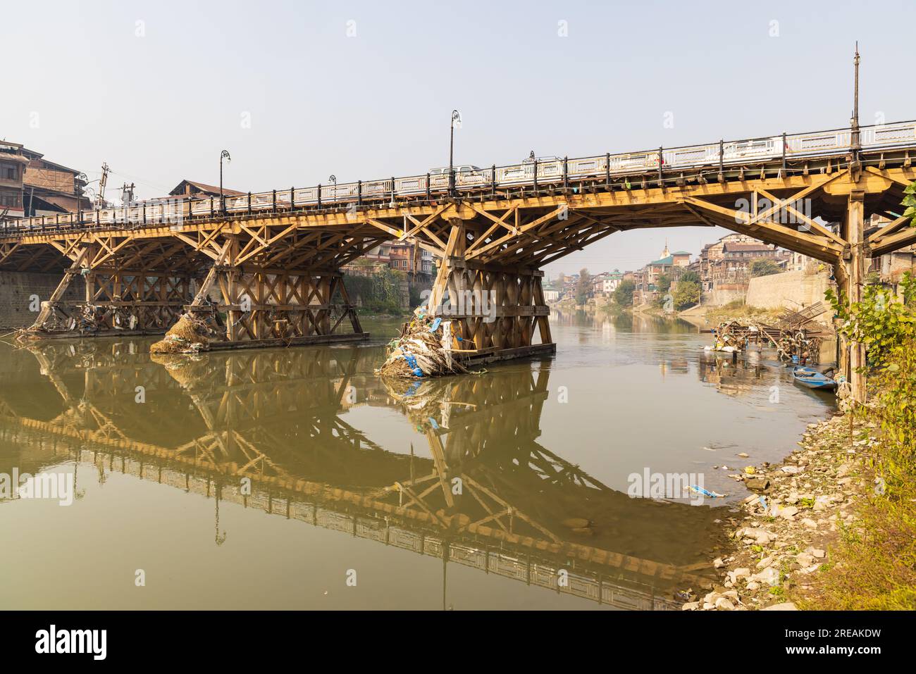 Srinagar, Jammu and Kashmir, India. Wooden bridge over the Jhelum River ...