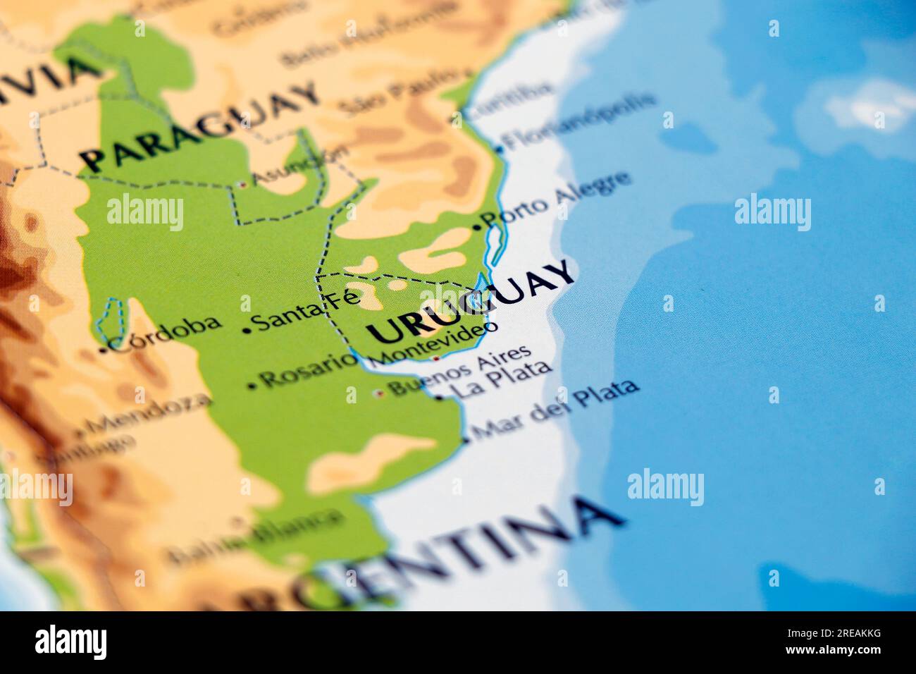 world map of south american continent and Uruguay in close up focus ...