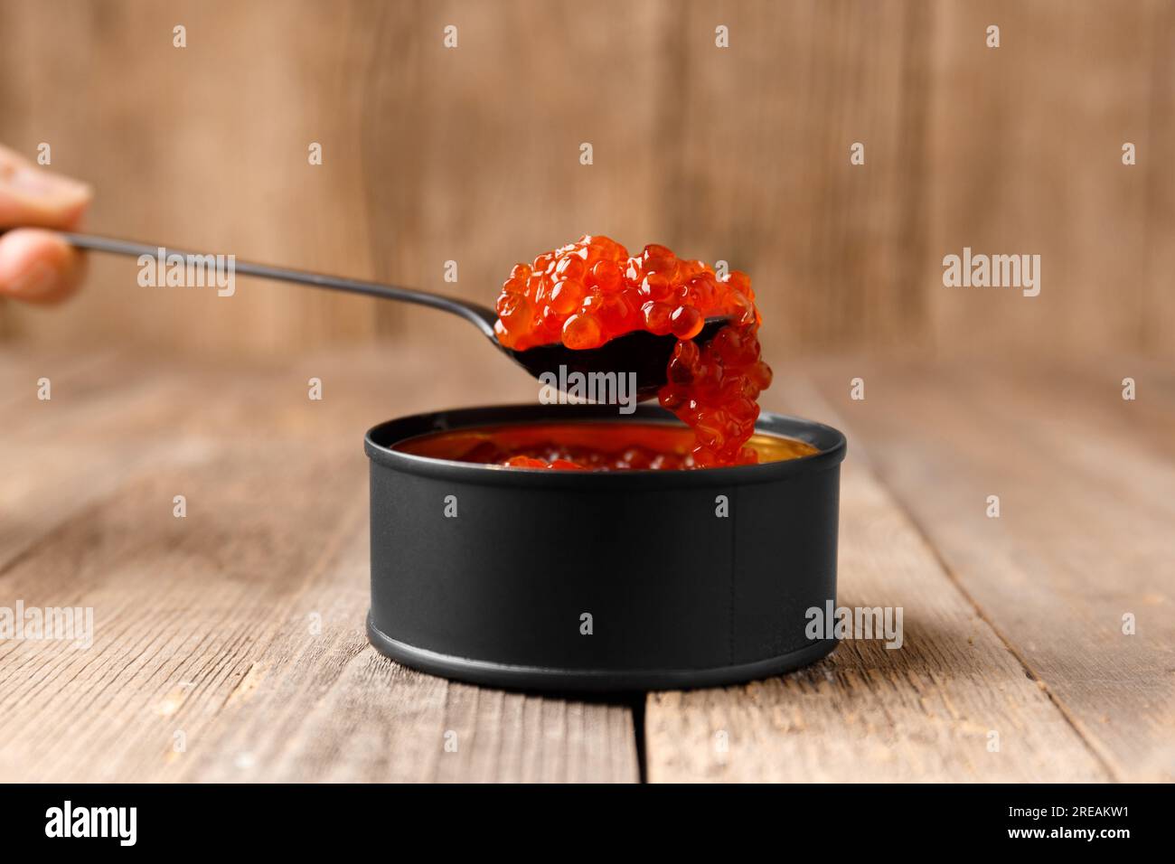 Red salmon caviar in an open black tin can and a black spoon full of ...