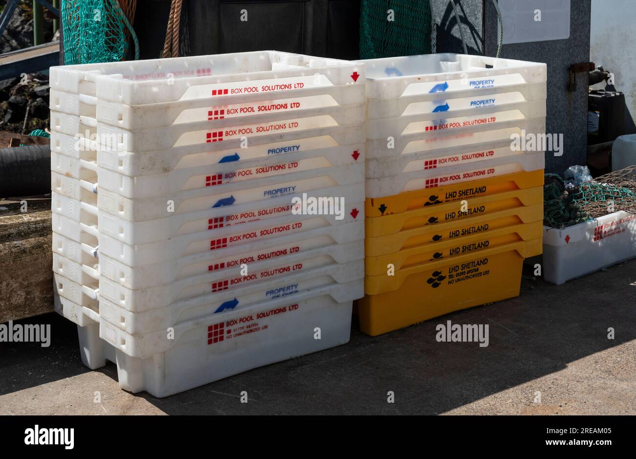 Portree, Isle of Skye, Scotland, UK. 5 June 2023. Plastic fish storage ...