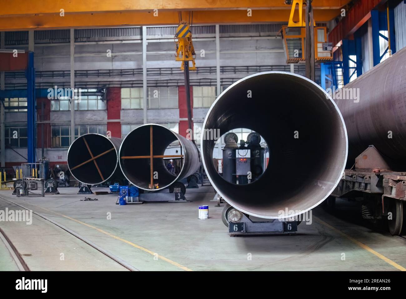 New manufactured steel pipes for pipeline construction in the factory ...
