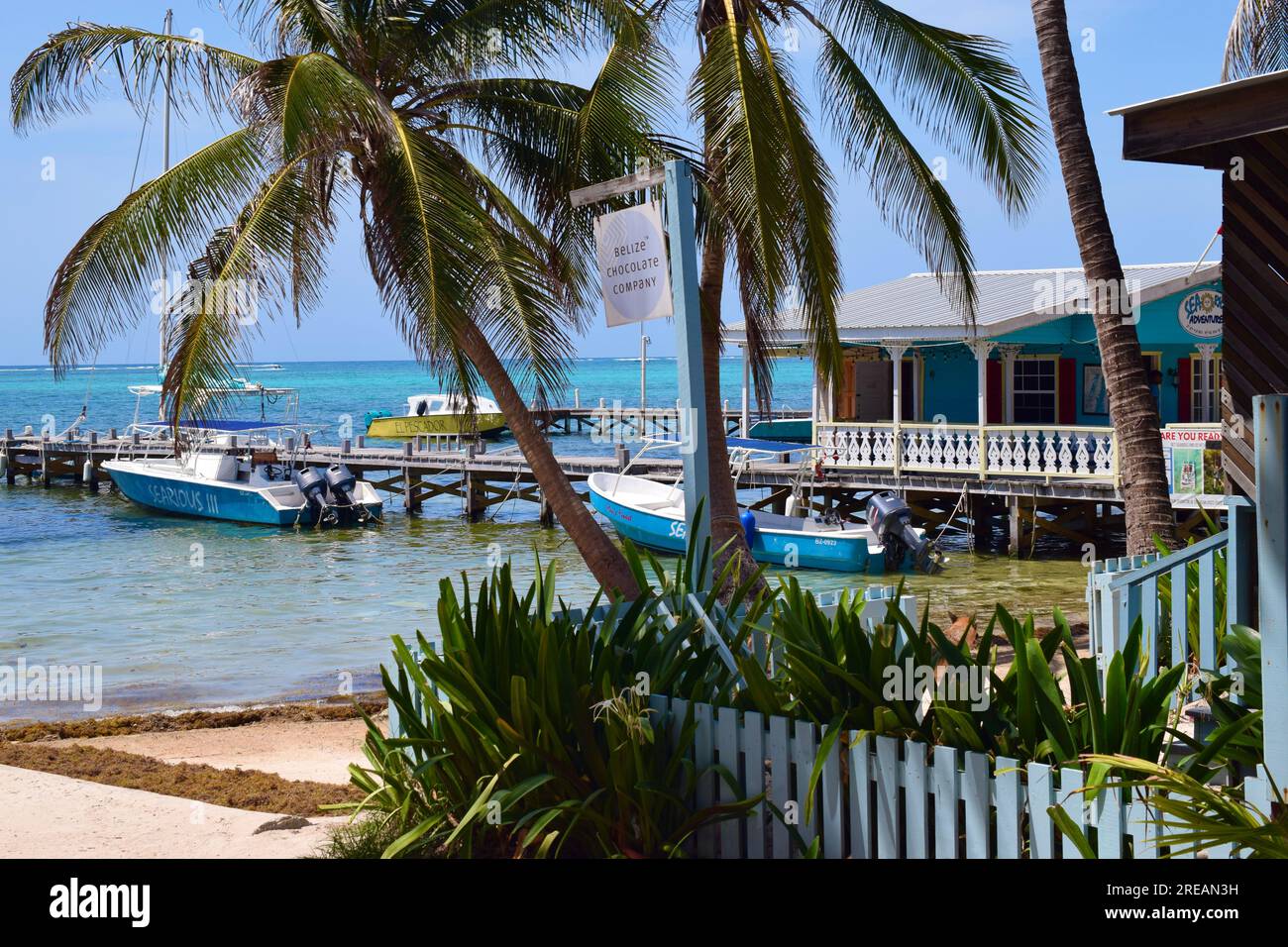 A beachfront chocolate shop in San Pedro Town on a sunny day with blue ...