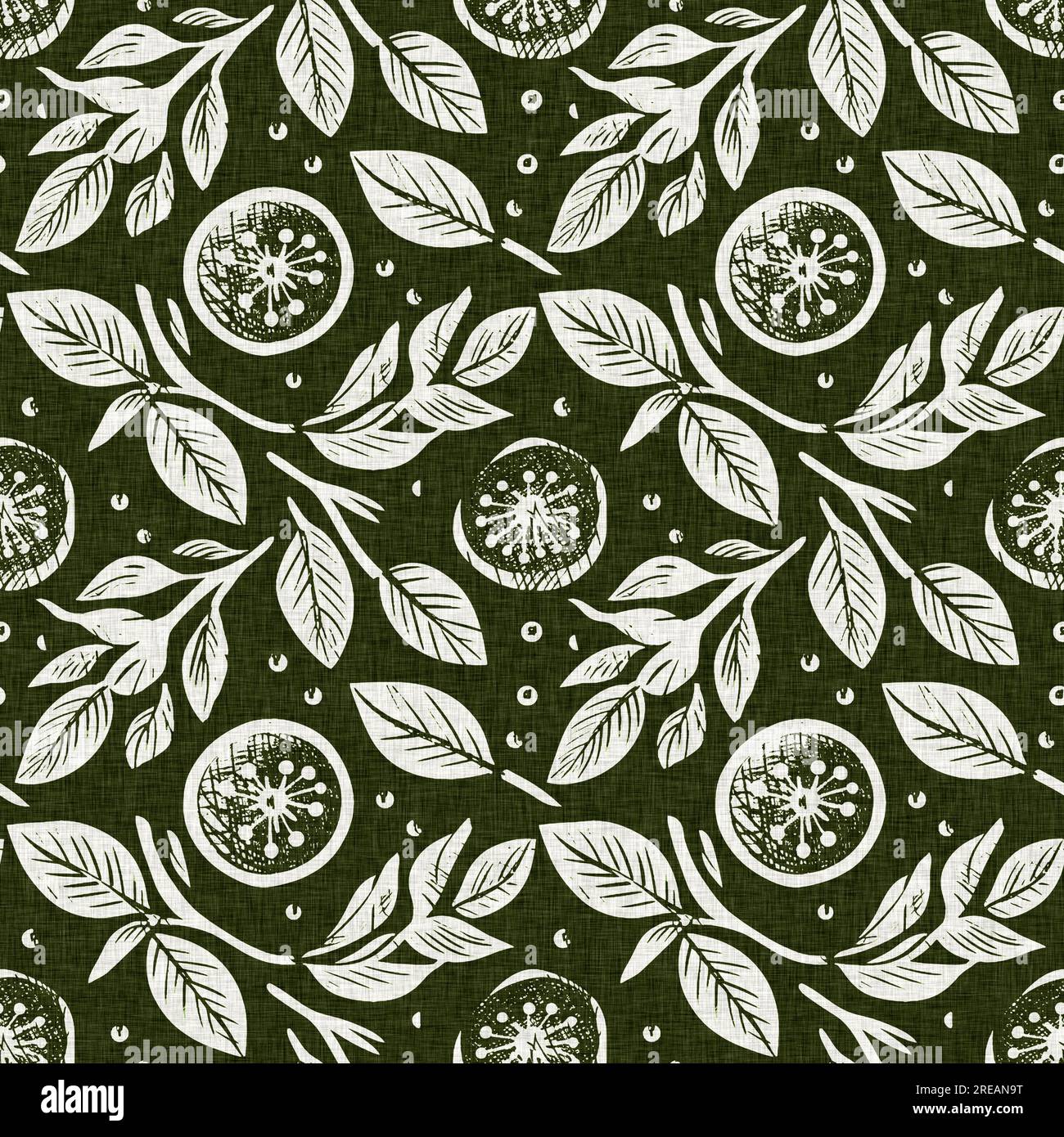 Forest green country floral blockprint linen seamless pattern. Allover ...