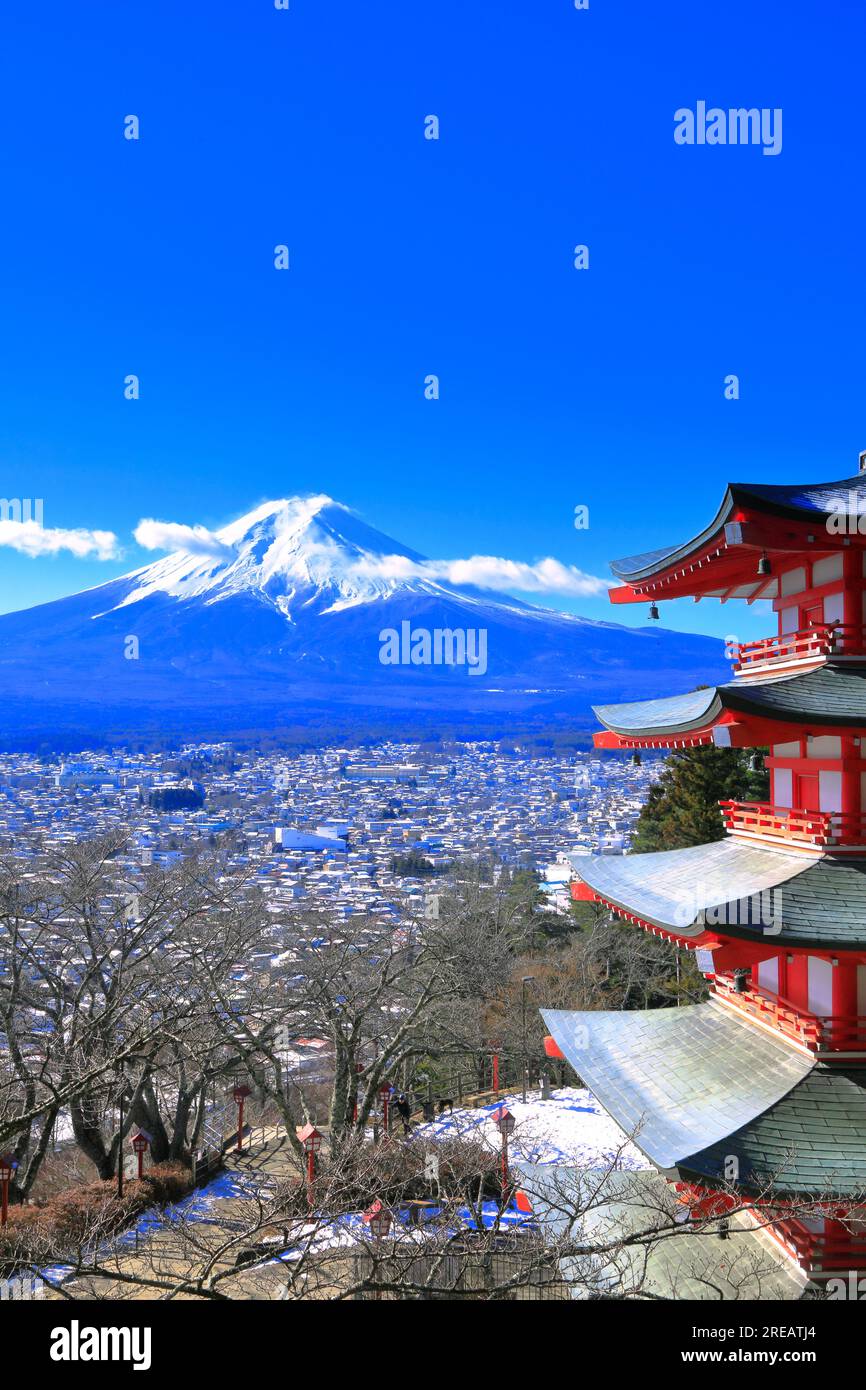 Snowy Mt. Fuji and Churyo Pagoda Stock Photo - Alamy