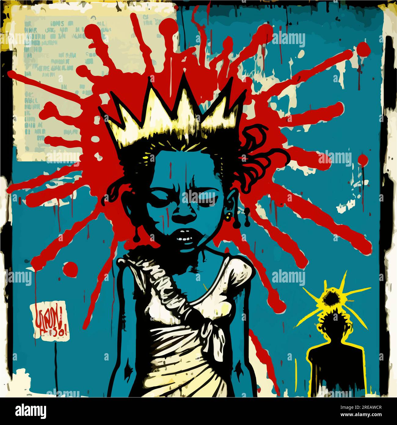 Urban graffiti street art of girl wearing crown, blue red and yellow ...