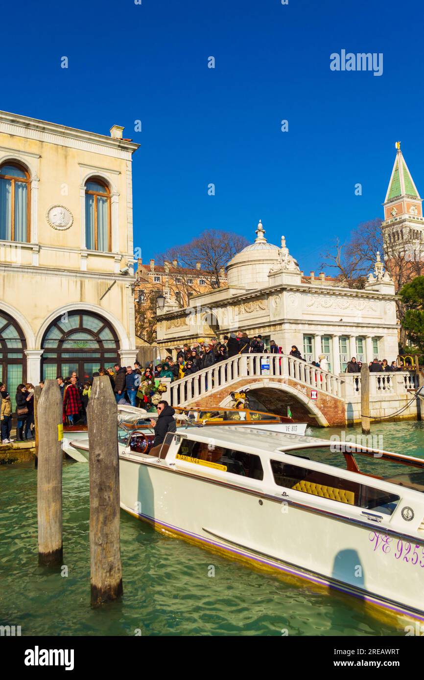 Moored taxi motoboats wooden pier of San Marco Ferry terminal at Grand ...