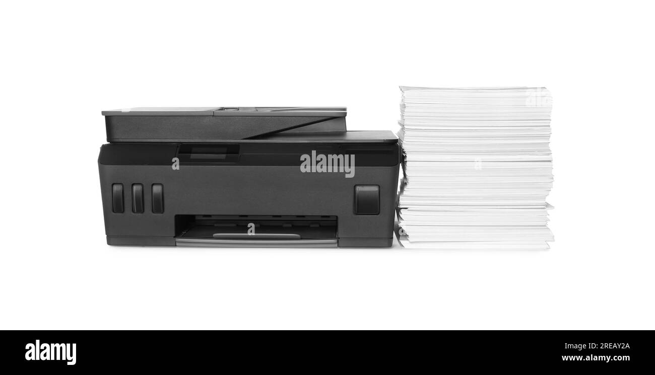 Modern printer and stack of paper on white background Stock Photo - Alamy