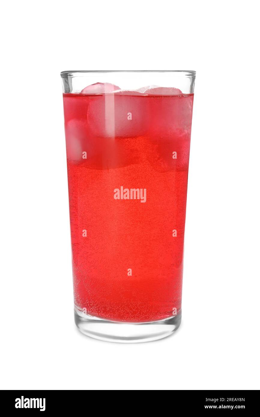 Glass of red soda water with ice cubes isolated on white Stock Photo ...