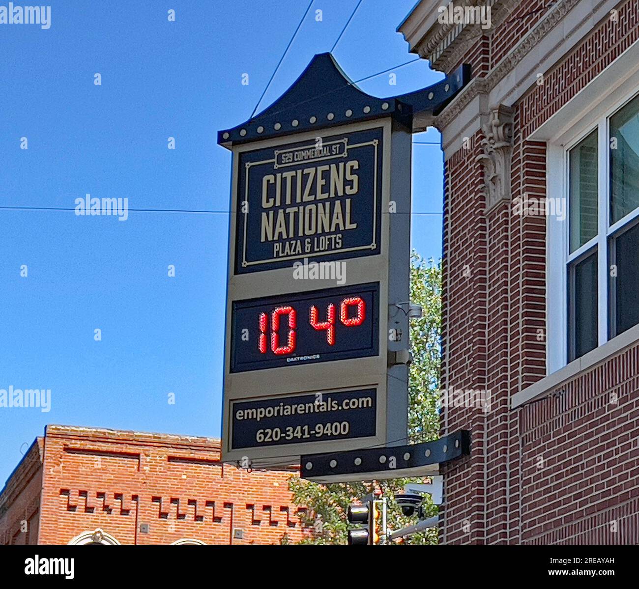 EMPORIA, KANSAS - JULY 26, 2023 Time and Temperature signs downtown ...