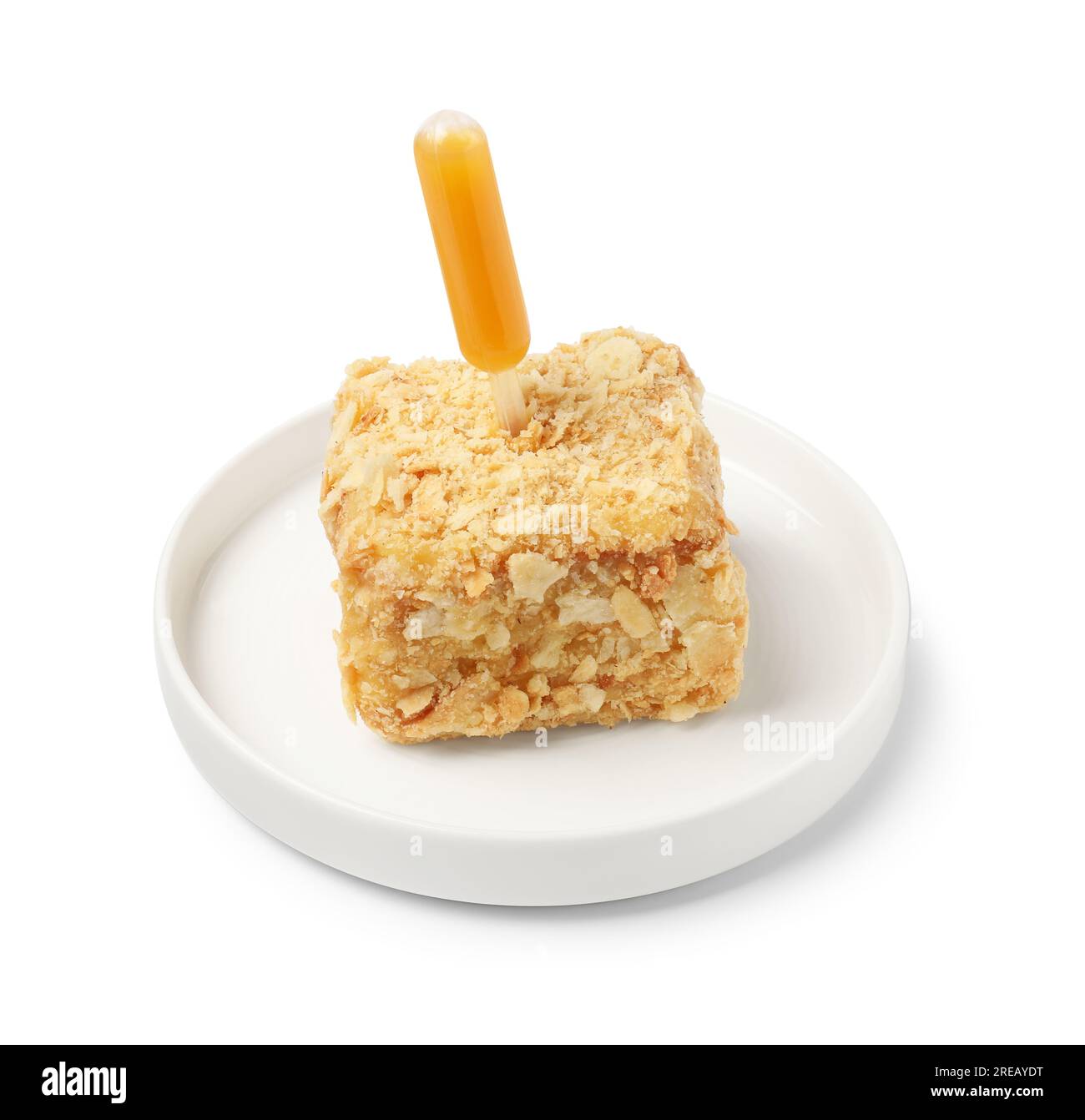 Piece of Napoleon cake with jam pipette on white background Stock Photo ...