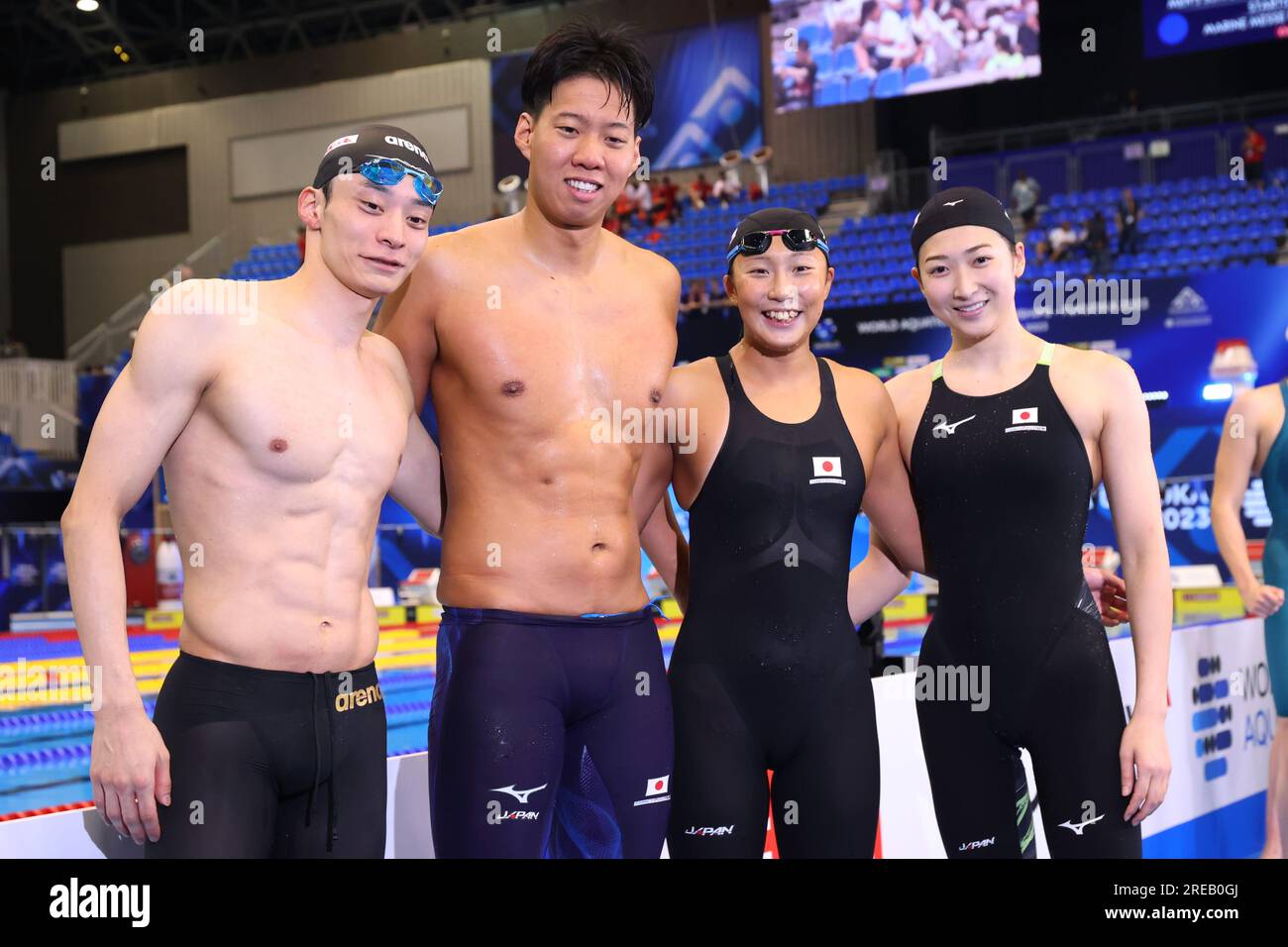 Fukuoka, Japan. 26th July, 2023. (L to R) Ryosuke Irie, Ippei Watanabe, Ai Soma, Rikako Ikee ...