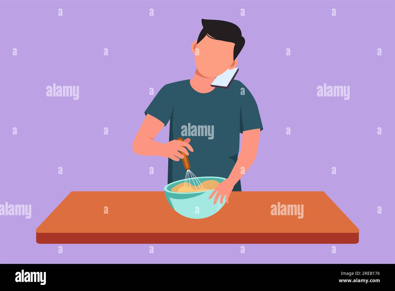 Character flat drawing man talks on smartphone while preparing dinner ...