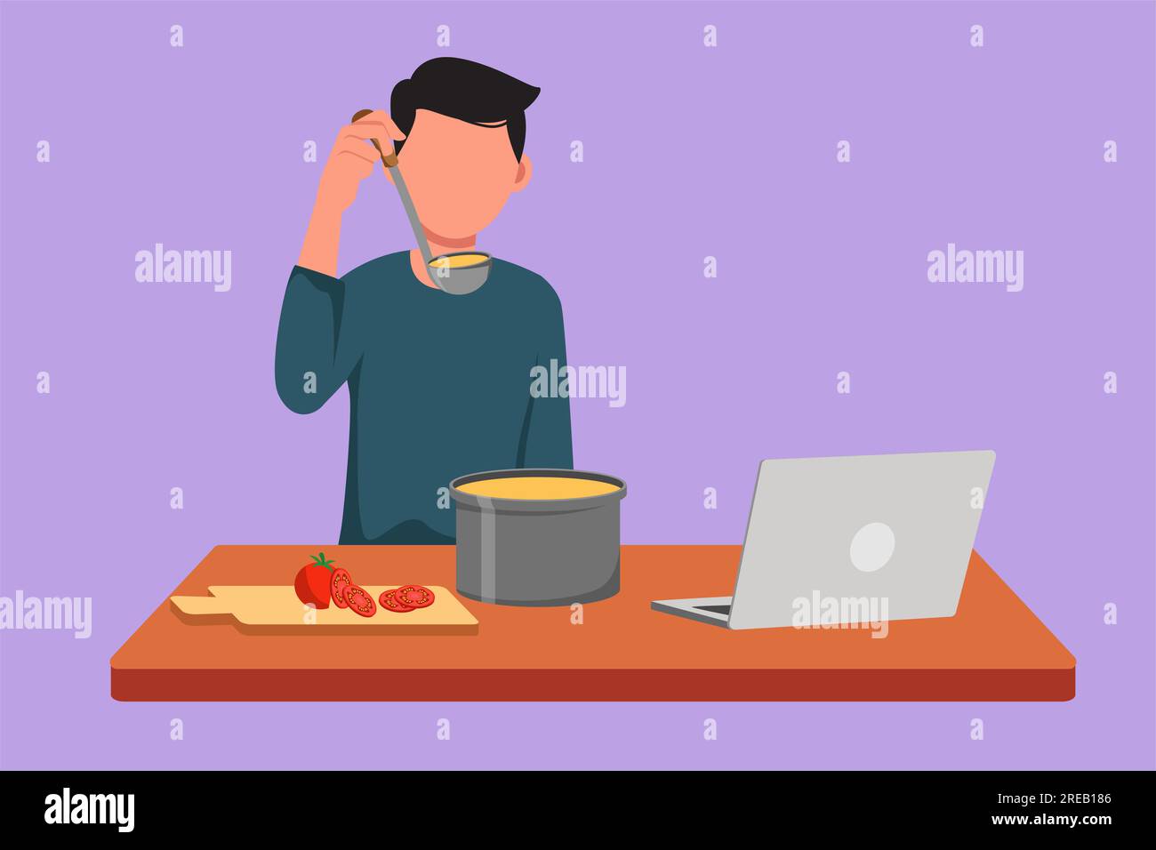 Graphic flat design drawing young man mixing tomato sauce, tasting, and ...