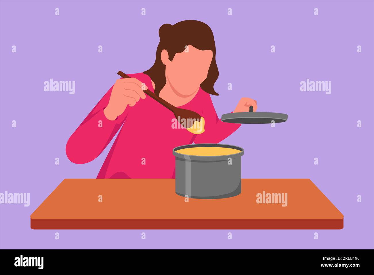Graphic flat design drawing beauty housewife enjoying smell of cooking ...