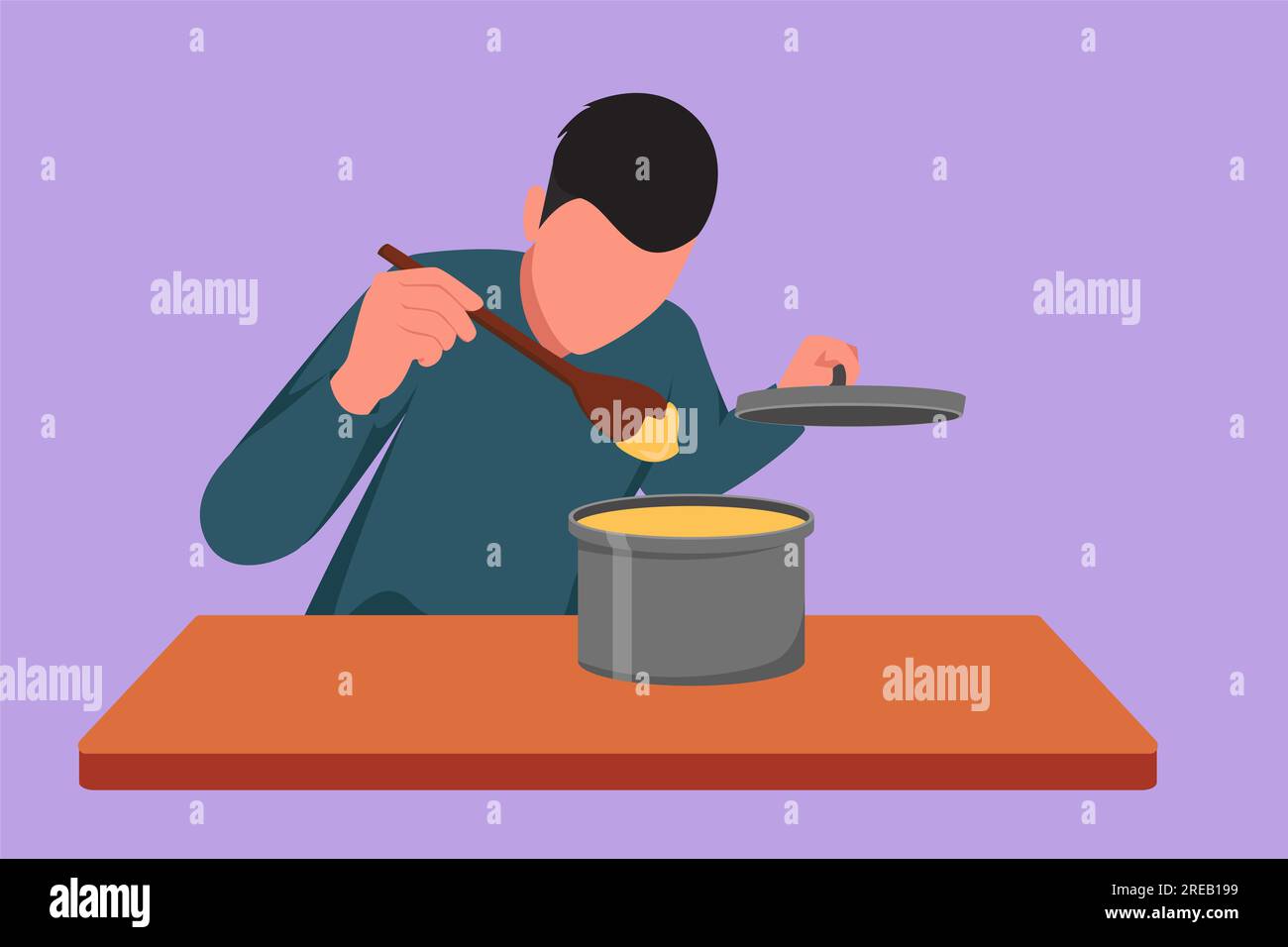 Cartoon flat style drawing handsome husband enjoying smell of cooking ...