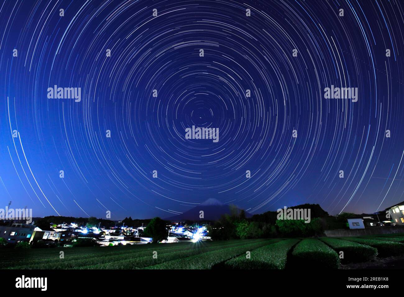 Snowy Mt. Fuji, tea plantation and Polaris' diurnal motion Stock Photo ...