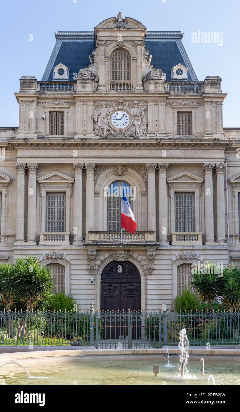 Montpellier, France - 07 23 2023 : Vertical view of the ancient facade ...