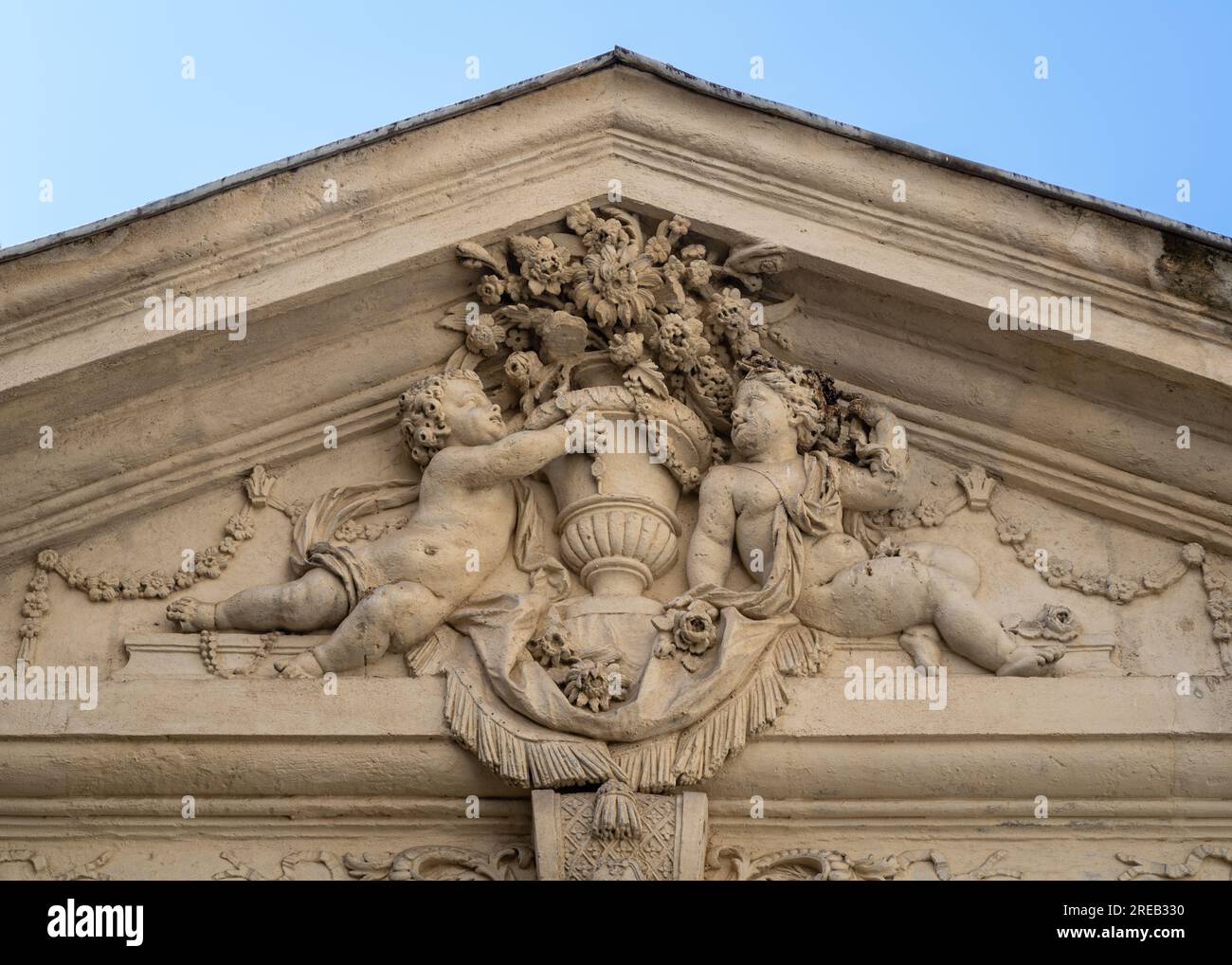 Montpellier, France - 07 23 2023 : Detail view of classic stone ...