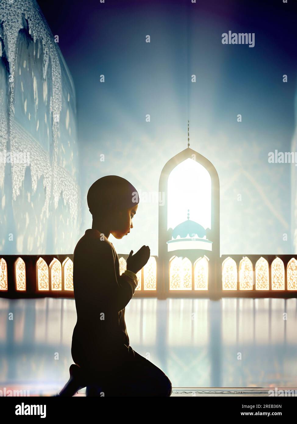 Muslim Islam kid child boy praying with mosque in background. Concept ...