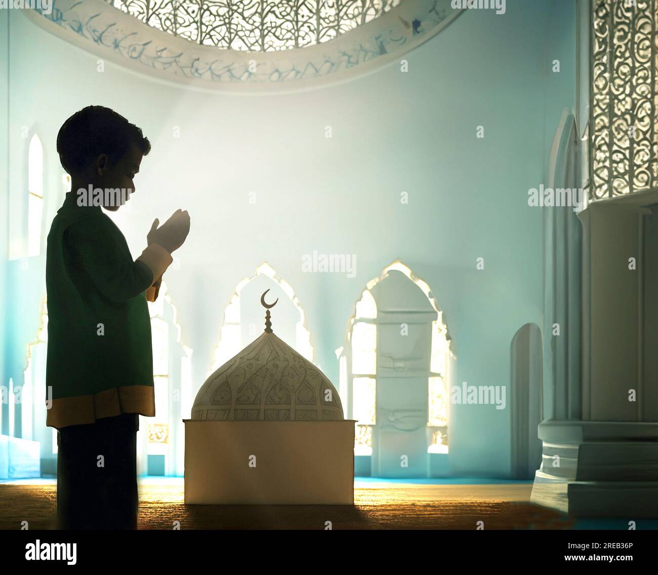 Muslim Islam kid child boy praying with mosque in background. Concept ...