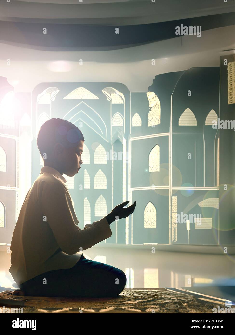 Muslim Islam kid child boy praying with mosque in background. Concept ...