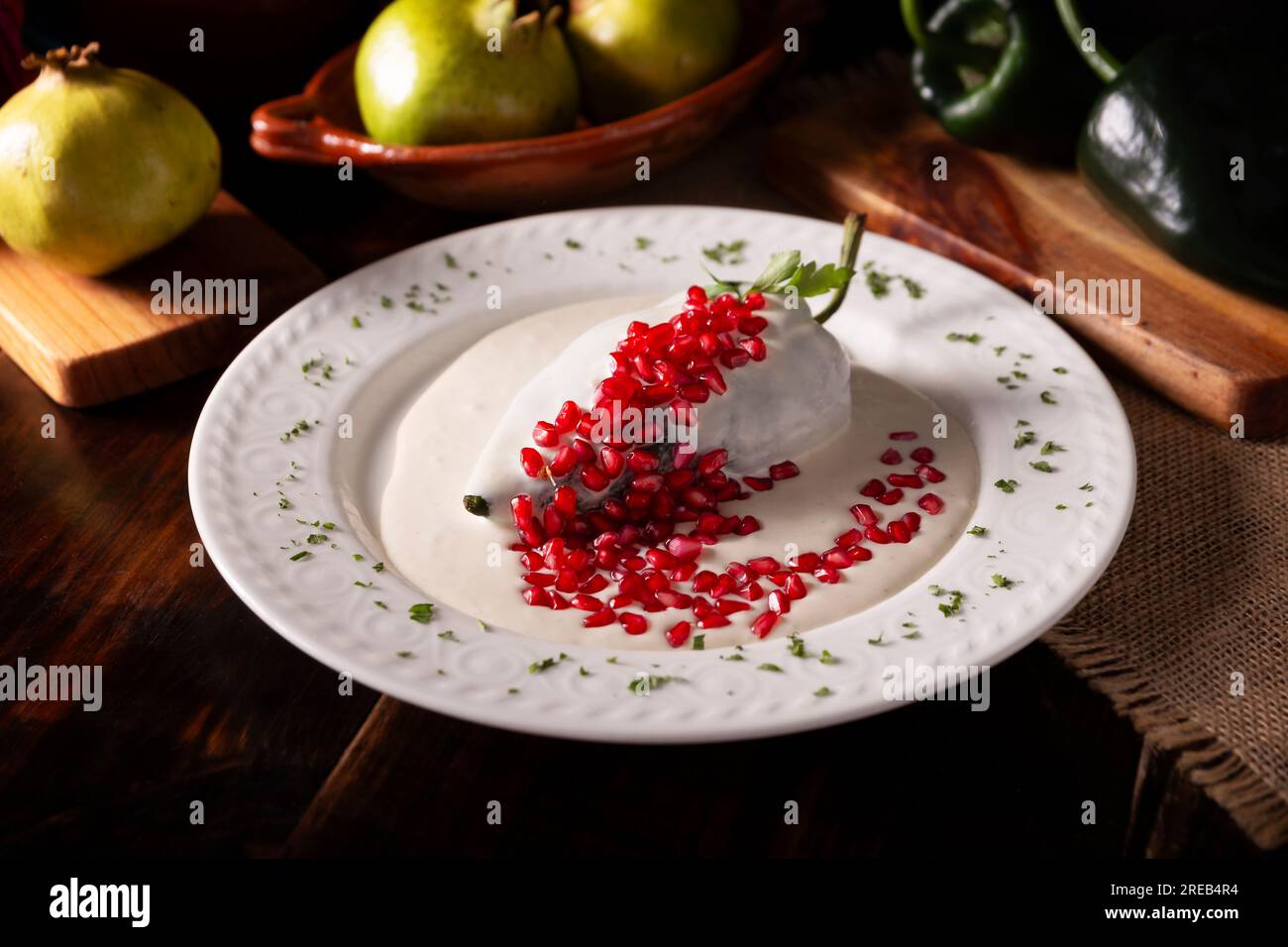 Chiles en Nogada, Typical dish from Mexico. Prepared with poblano chili ...