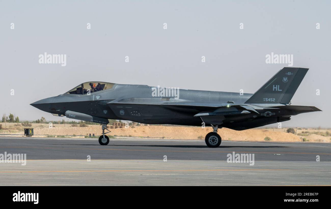 An U.S. Air Force F-35A Lightning II aircraft assigned to the 421st Expeditionary Fighter ...