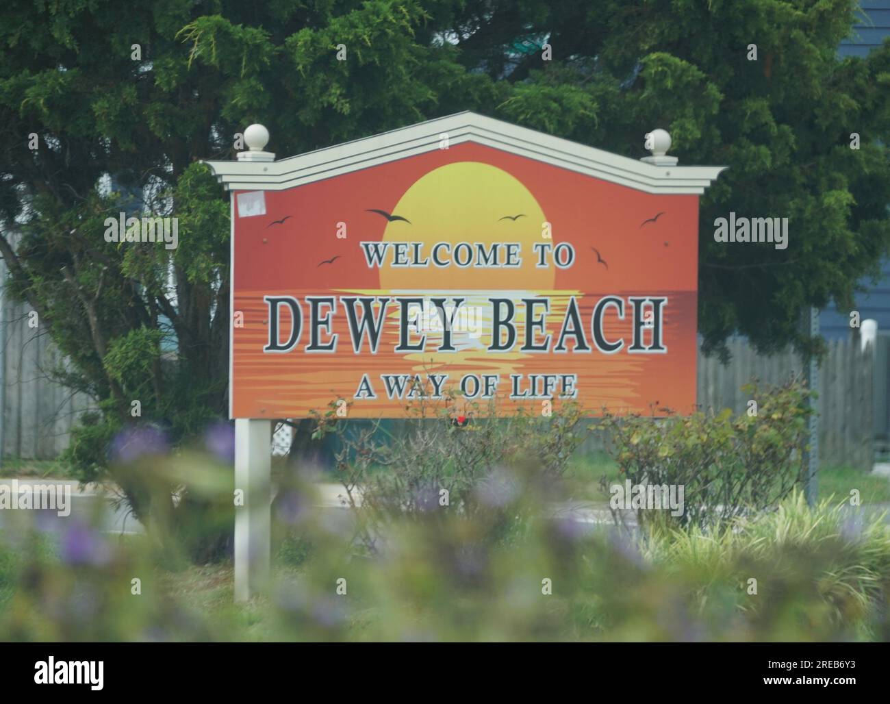 Dewey Beach, Delaware, U.S.A - July 8, 2023 - The official welcome sign into the town on Route 1 ...
