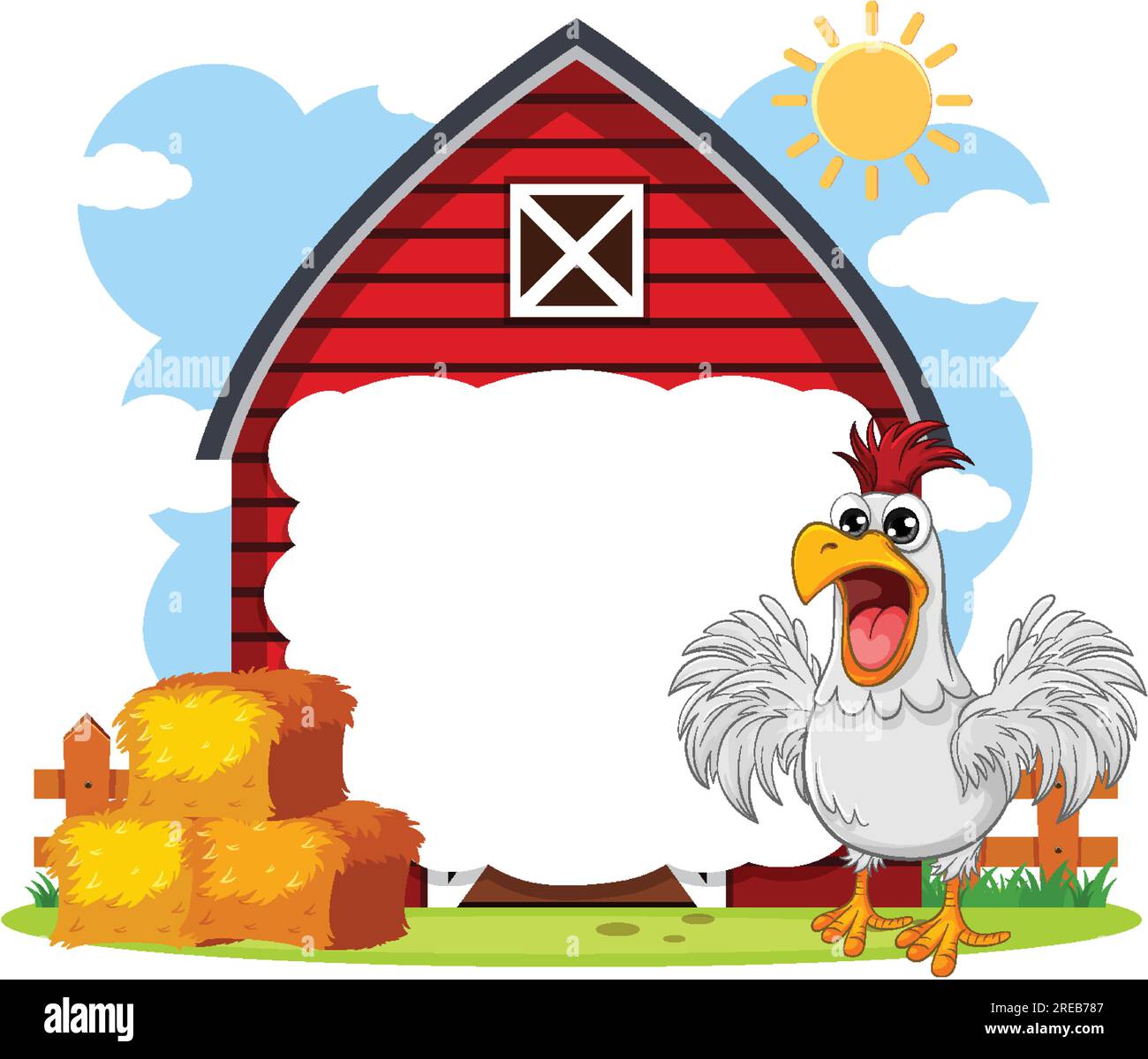 A cartoon illustration of a chicken standing in front of a barn with a ...