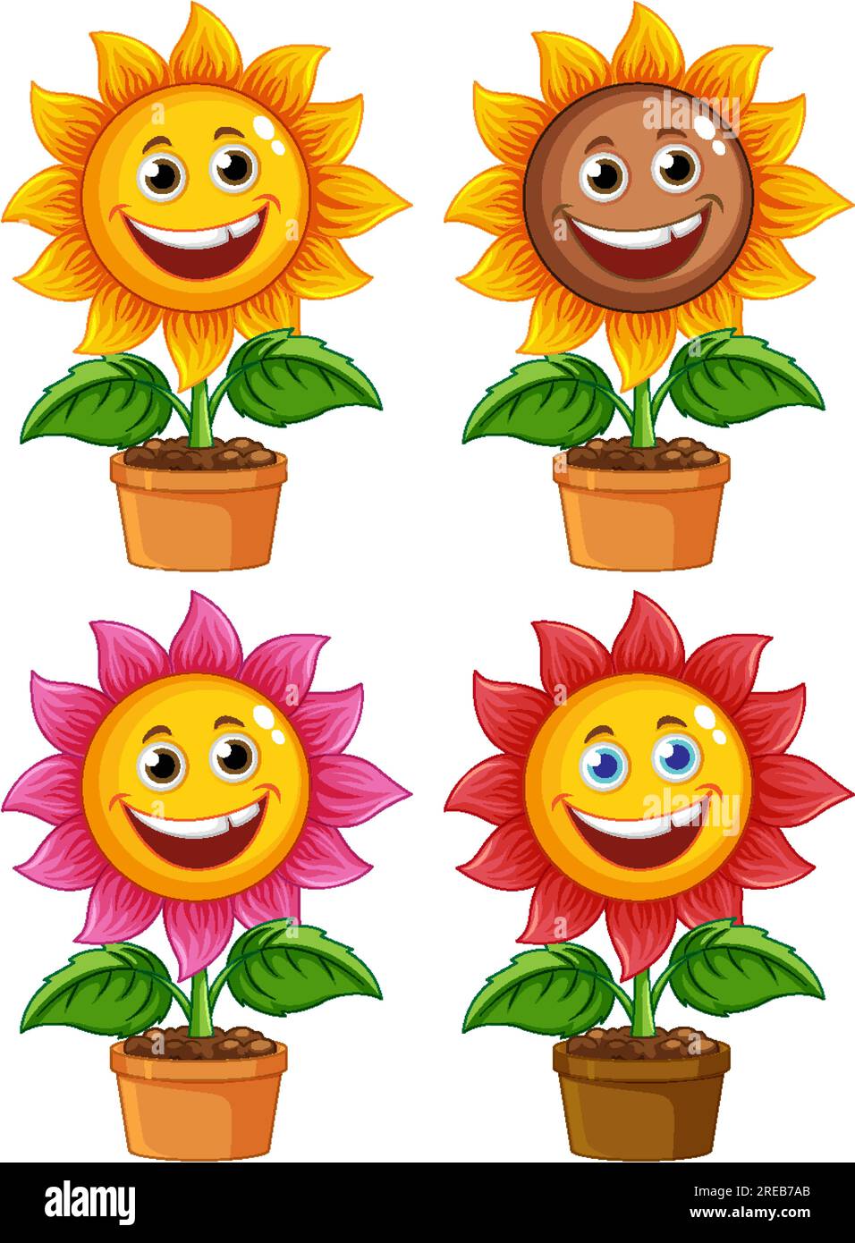 Sun flower cartoon in pot with smiley face illustration Stock Vector ...