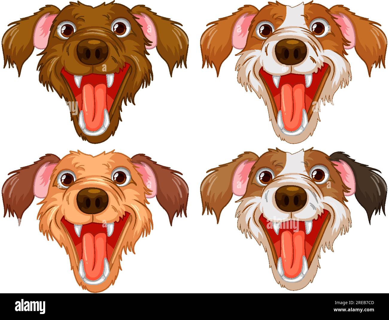 Four cartoon dogs with smiling faces and sharp teeth are shown in the ...