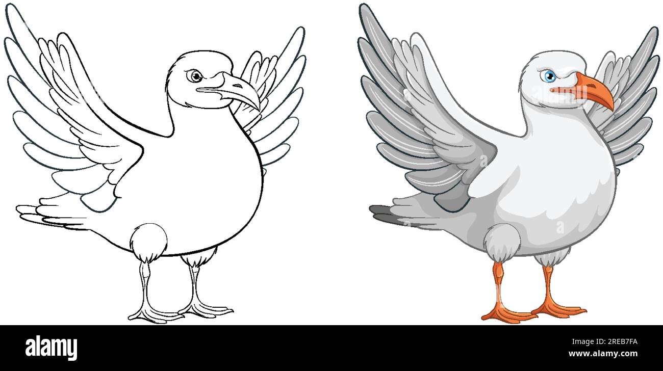 A vector cartoon illustration of a seagull bird standing with open ...