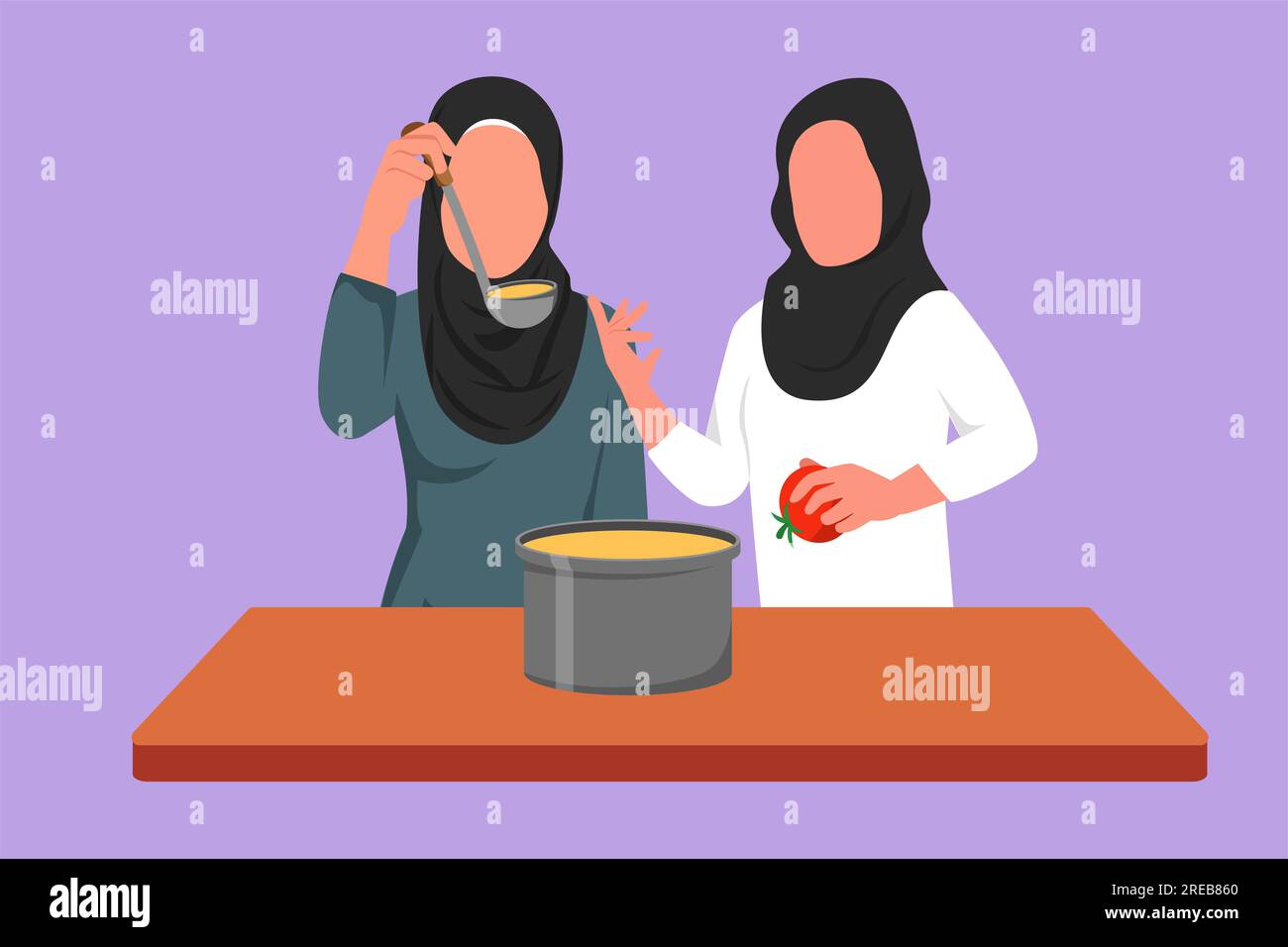 Character flat drawing two Arabian woman mixing tomato sauce, tasting ...