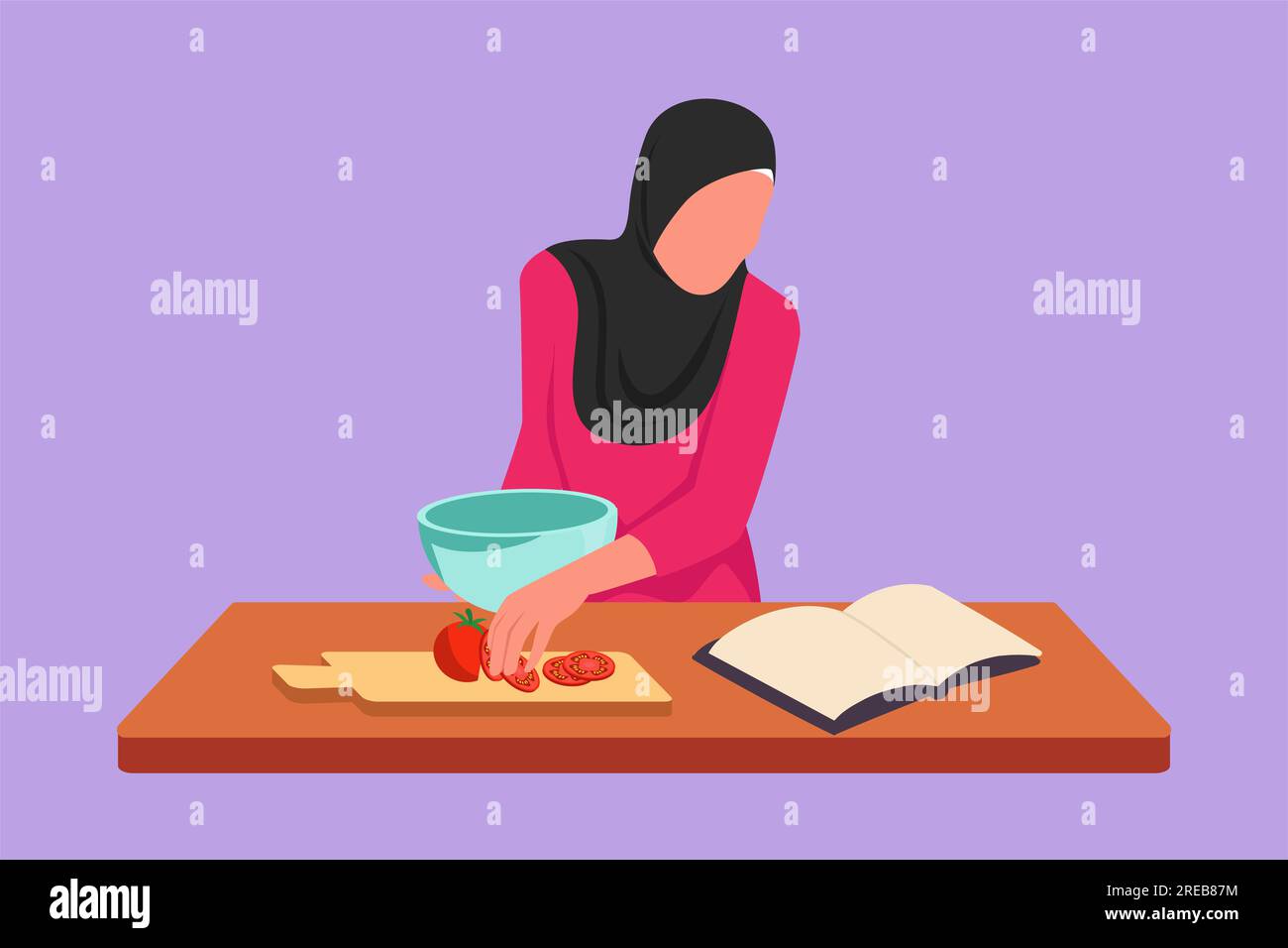 Cartoon flat style drawing Arab woman cooking meal while reading ...