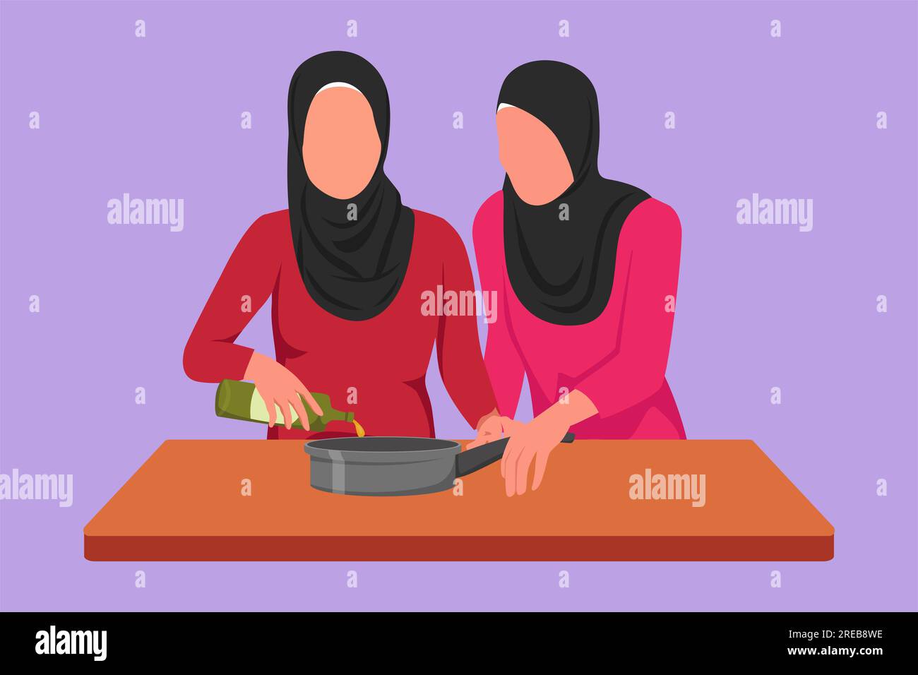Character flat drawing two Arab woman pouring cooking oil from bottle ...