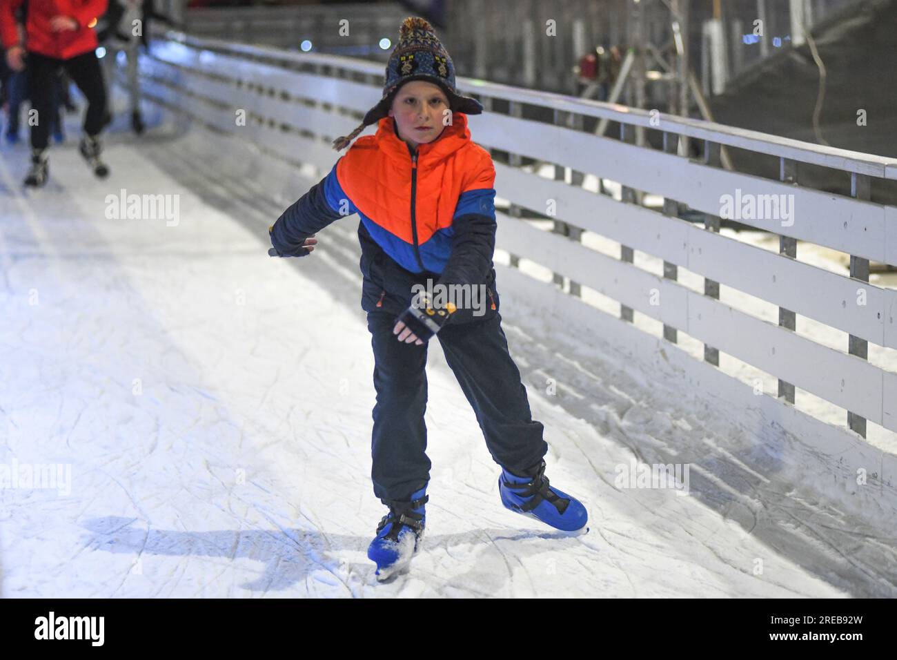 Young boy ice skating in Varazdin during winter holidays, Croatia Stock ...