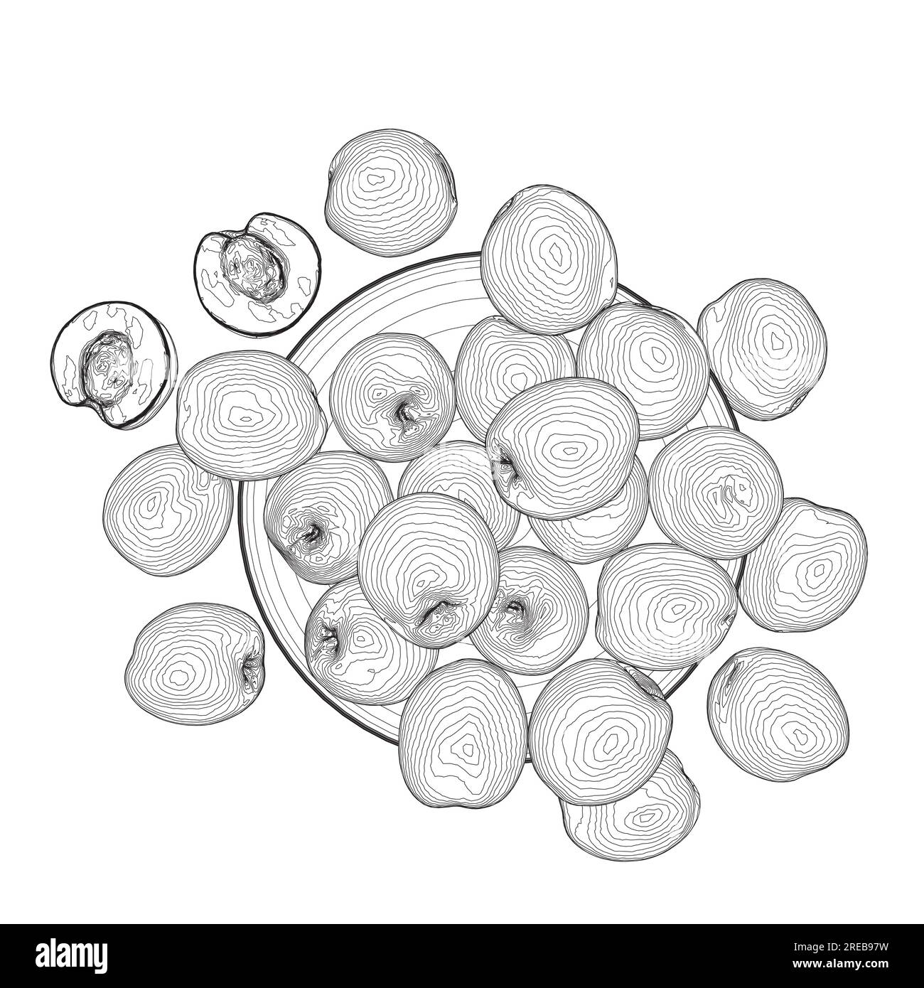 Vector illustration of peach fruit on plate. Half, slice and whole ...