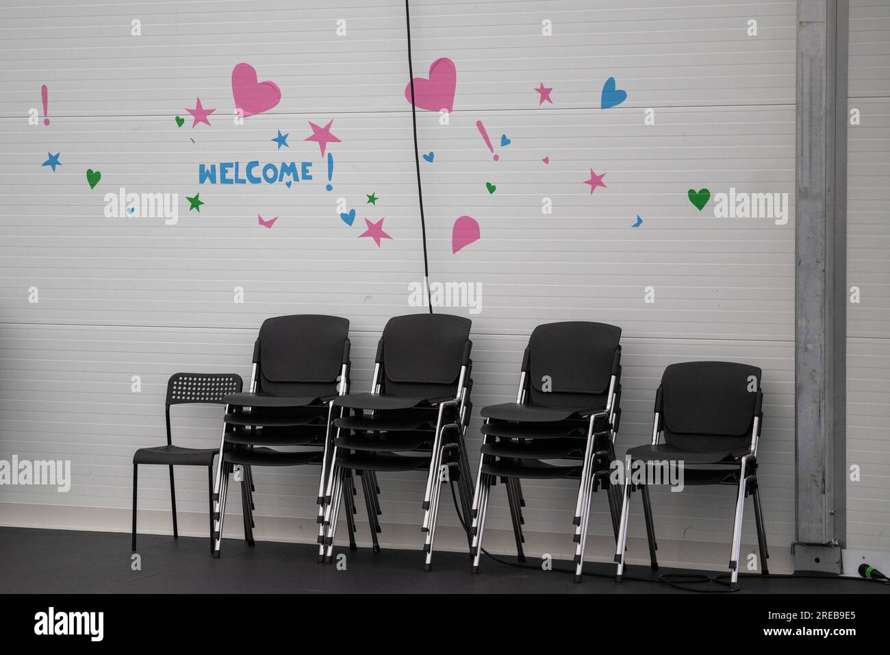 Berlin, Germany. 26th July, 2023. Lined-up chairs stand under the ...