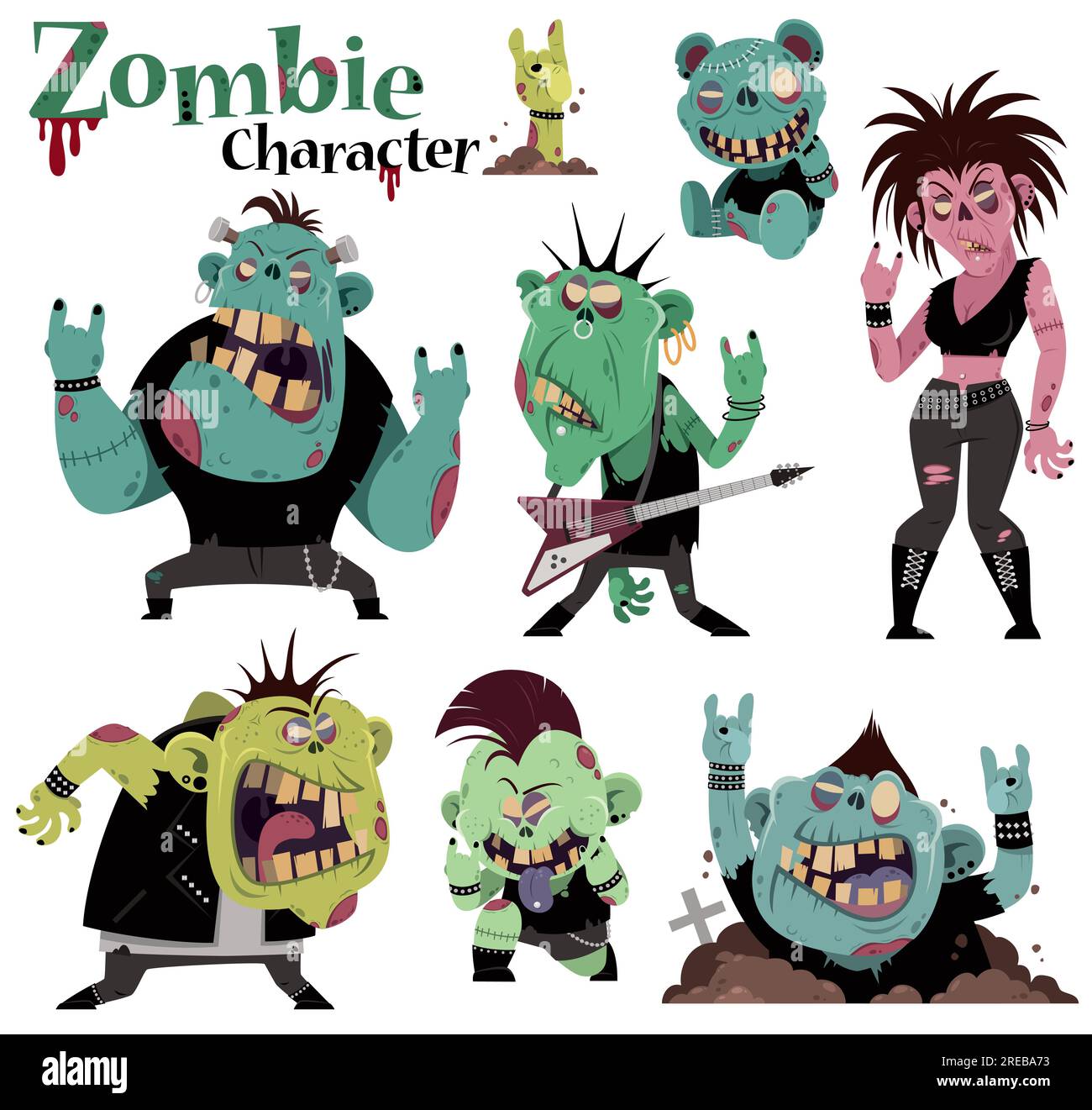 Vector illustration of Cartoon Set Zombie characters, Zombie rocker ...