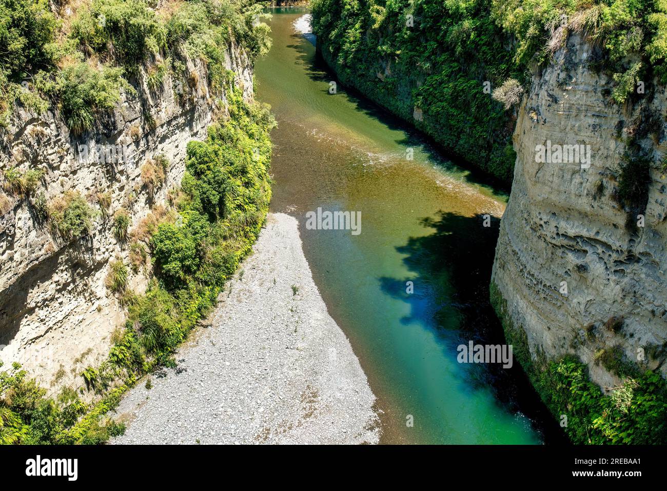 The turquoise water of the Rangitikei river flowing through the ...