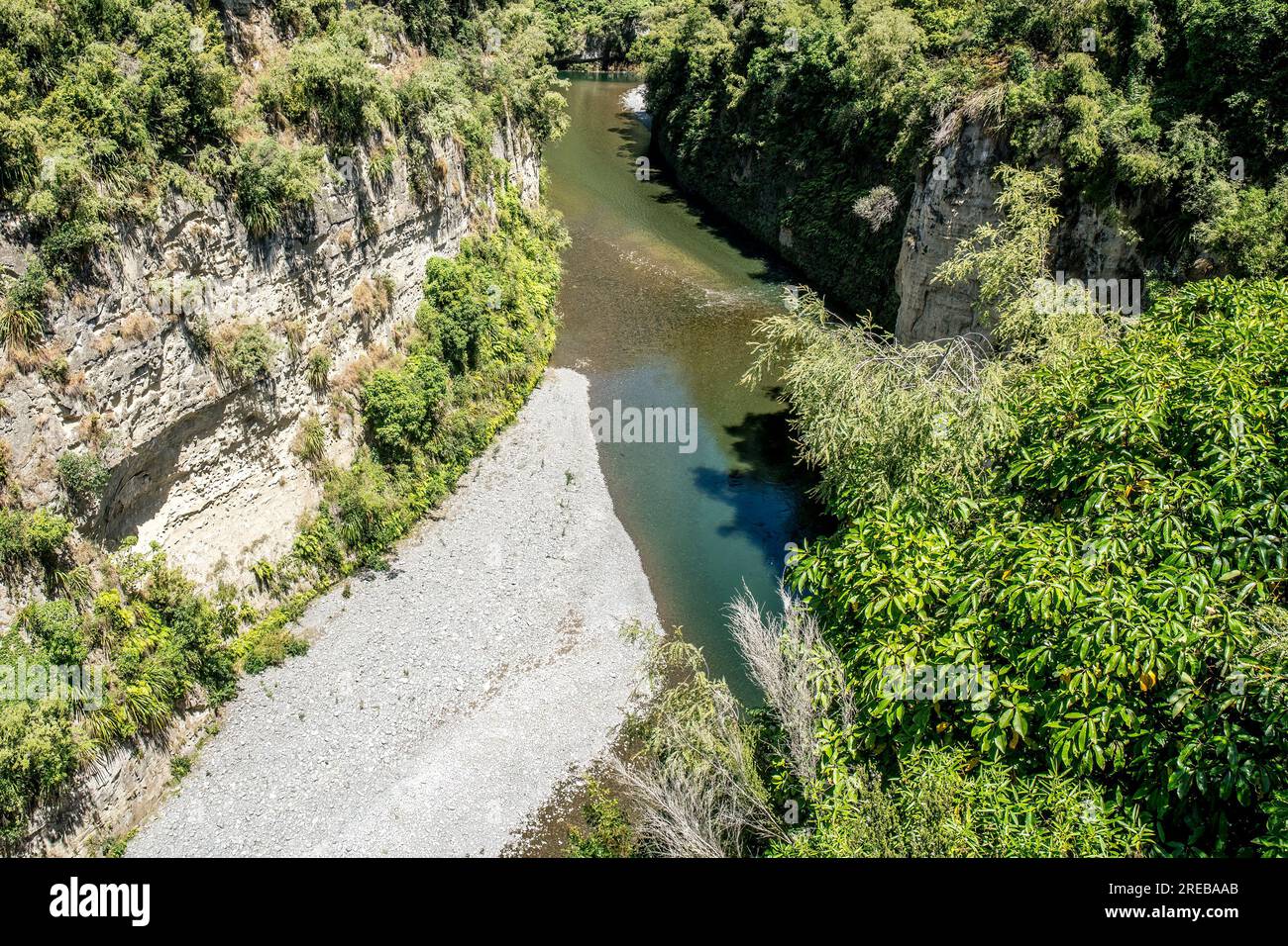 The turquoise water of the Rangitikei river flowing through the ...
