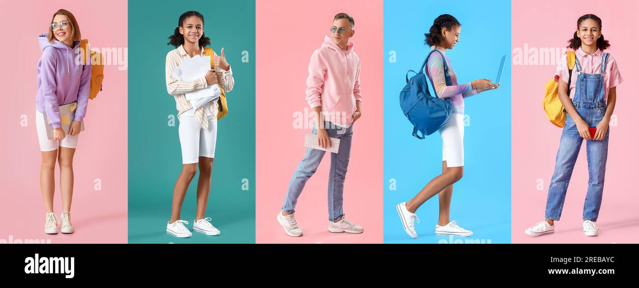Set of different students on color background Stock Photo - Alamy