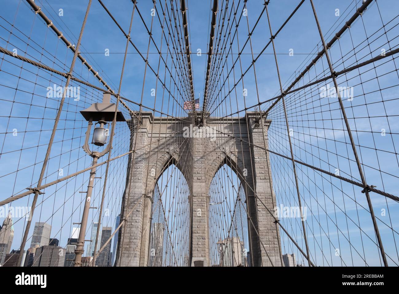 Architectural detail of the Brooklyn Bridge, a hybrid cable-stayed ...