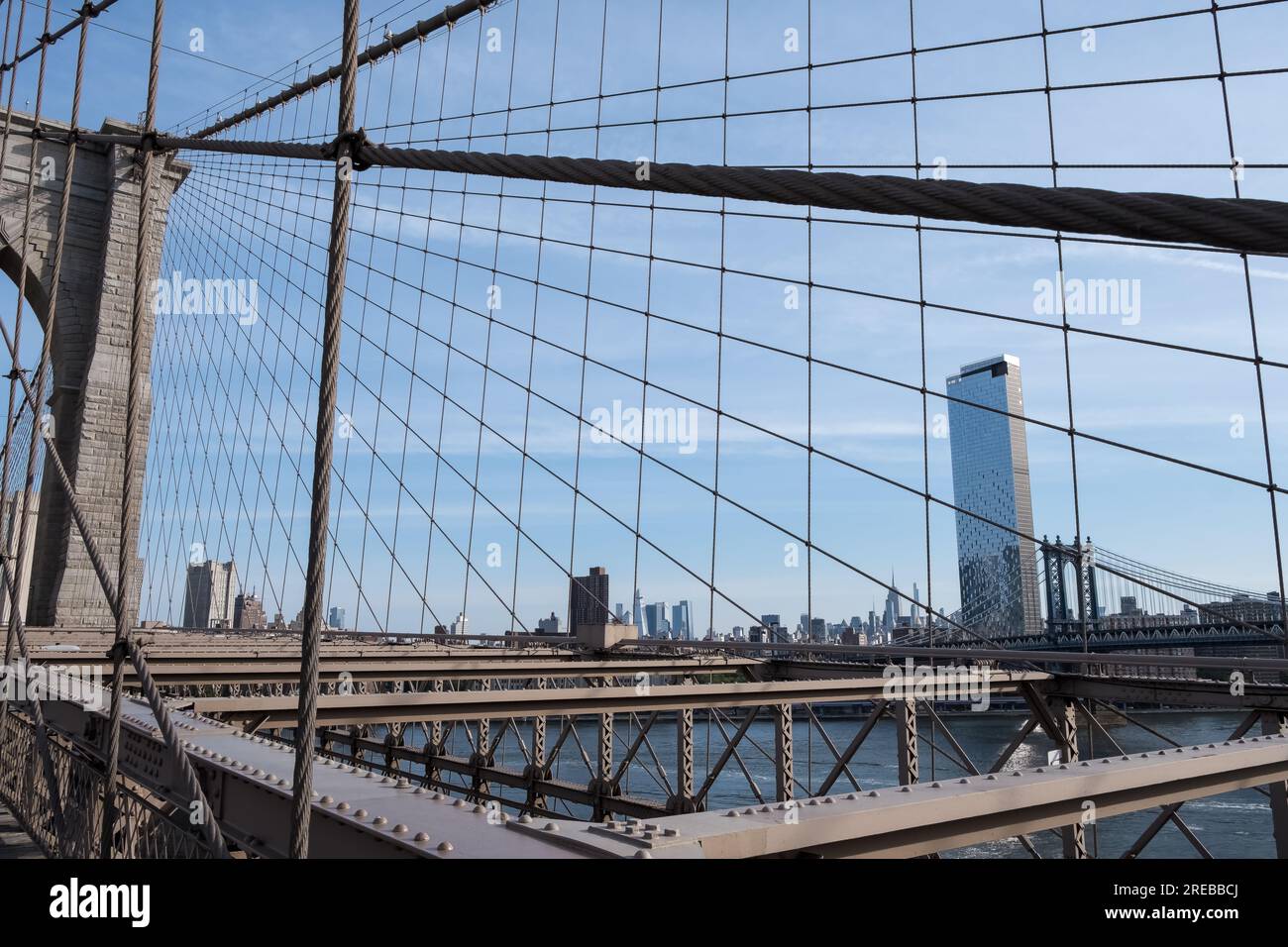 Architectural detail of the Brooklyn Bridge, a hybrid cable-stayed ...