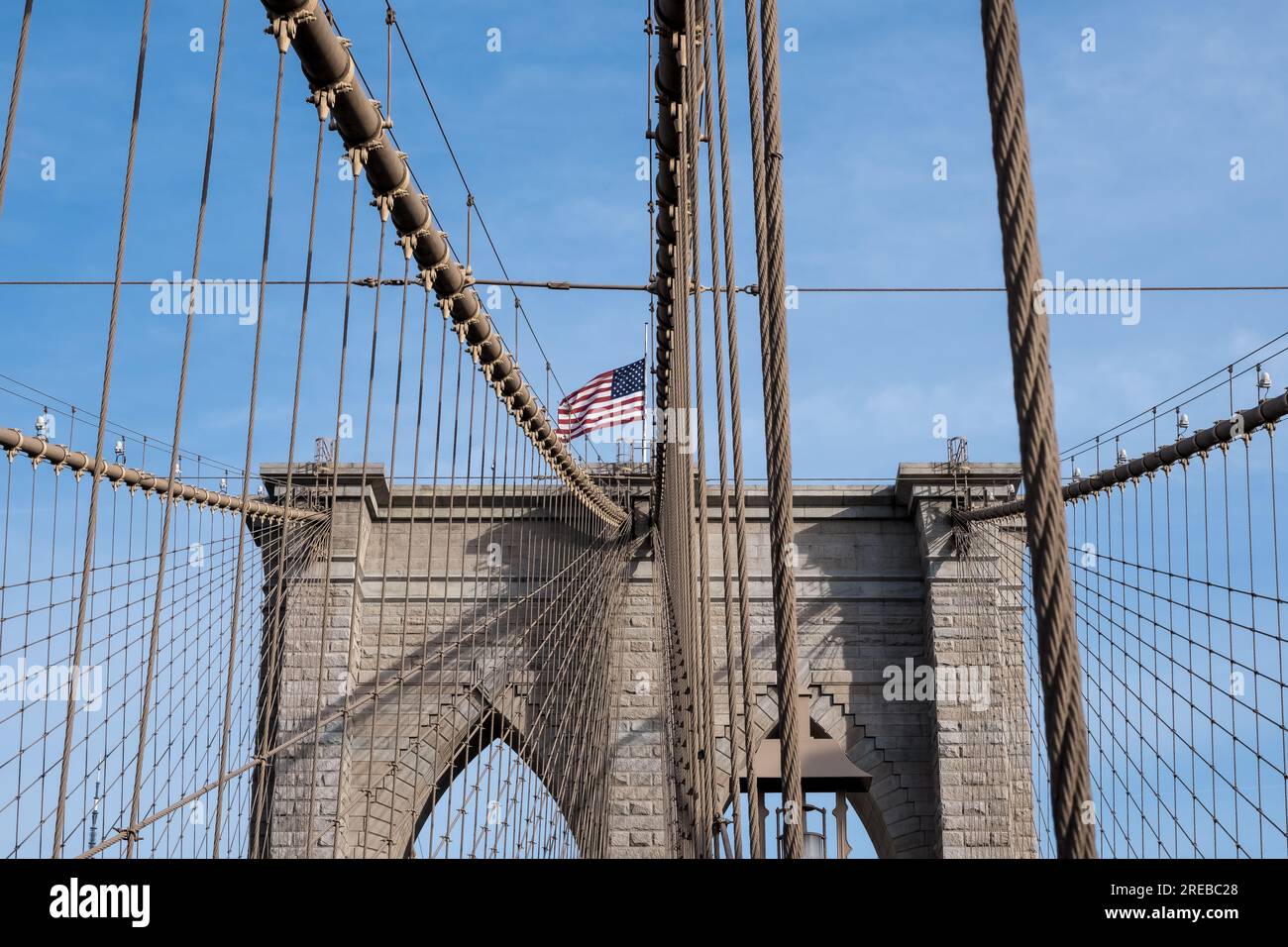 Architectural detail of the Brooklyn Bridge, a hybrid cable-stayed ...