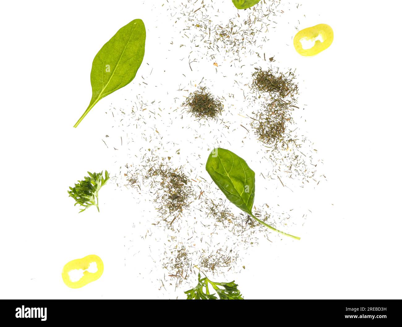Flying herbs, chili pepper and spices on white background Stock Photo ...