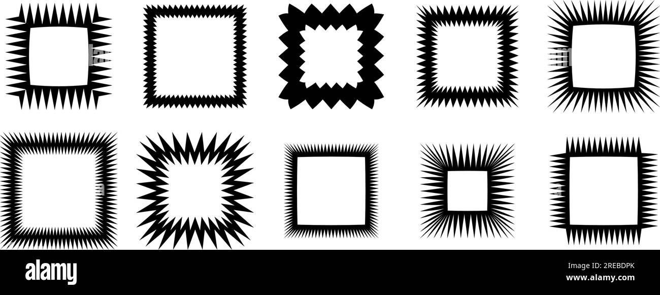 Zig zag edge square frames collection. Jagged shapes set. Black graphic ...